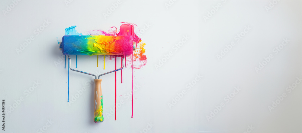 full view of a paint roller coated in dripping colorful paint against a ...