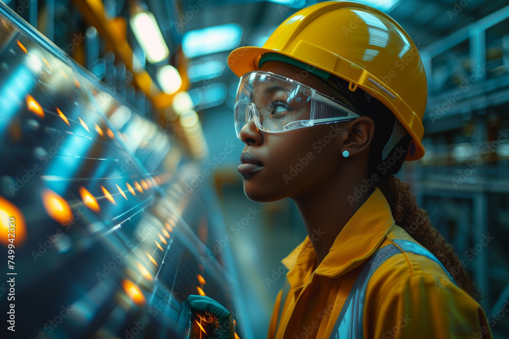 Black woman electrical engineer examining solar panels into the ...