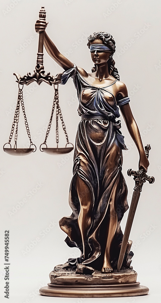 a statue of Lady Justice/Justitia, with scales and a sword, in a front ...
