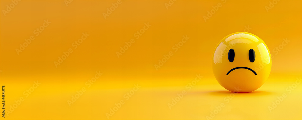 Sad face emoji on a yellow background. Business concept banner with ...
