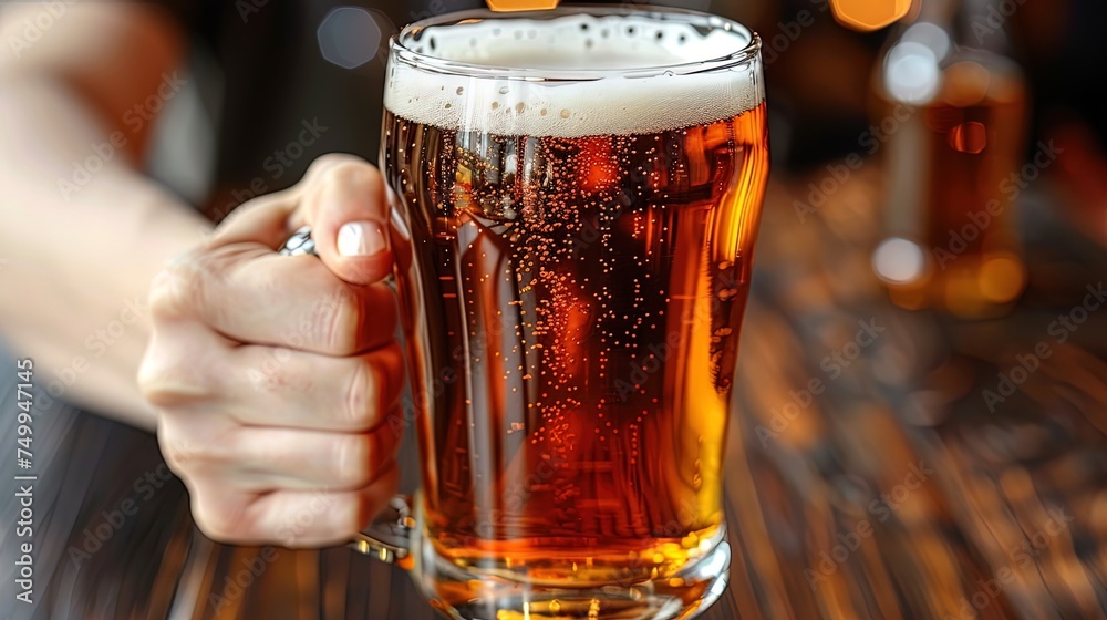 Happy man clinks his beer glass with a friend's, sharing laughter and ...