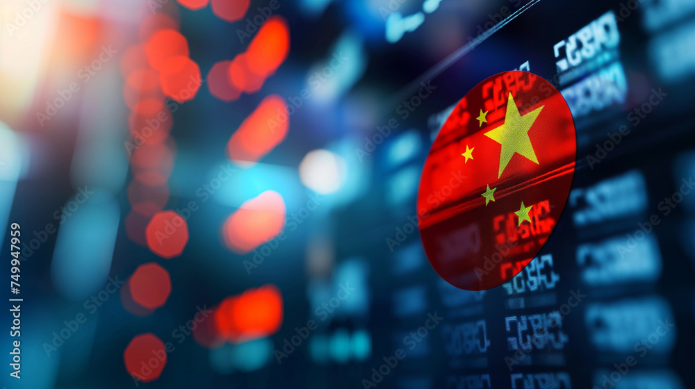 China flag on stock market and digital number table display, trading ...