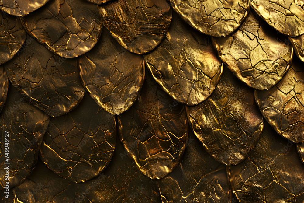 Background with golden metallic scales of a reptilian dragon. Detailed ...