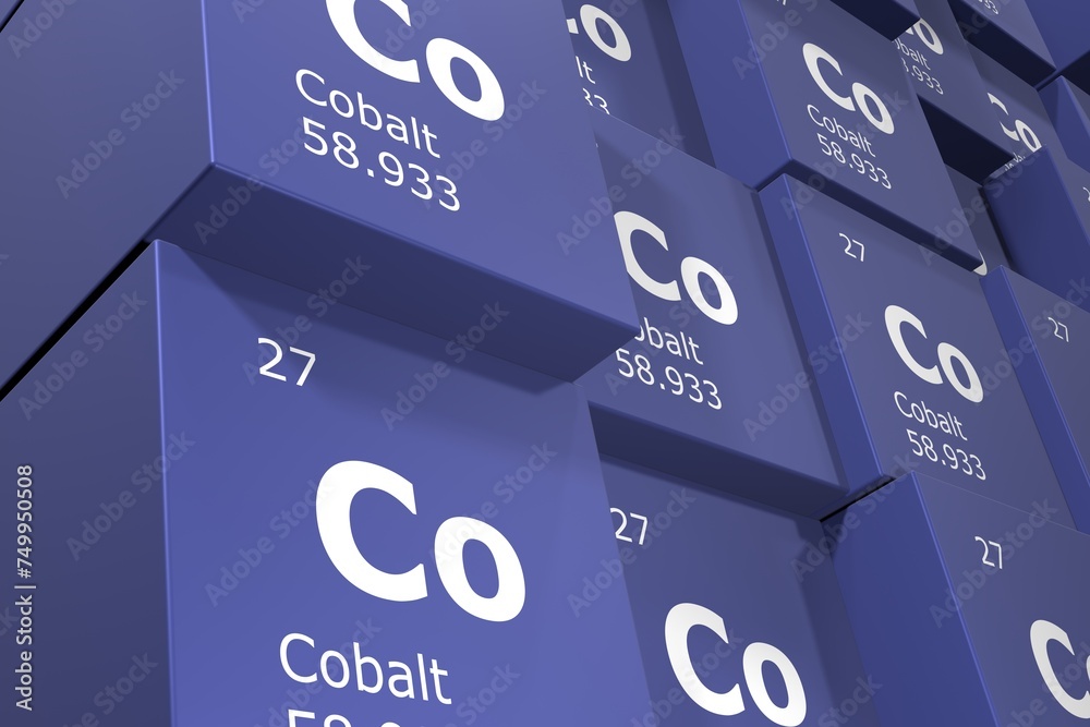 Cobalt, 3D rendering background of cubes of symbols of the elements of ...