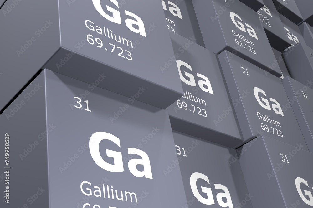 Gallium, 3D rendering background of cubes of symbols of the elements of ...