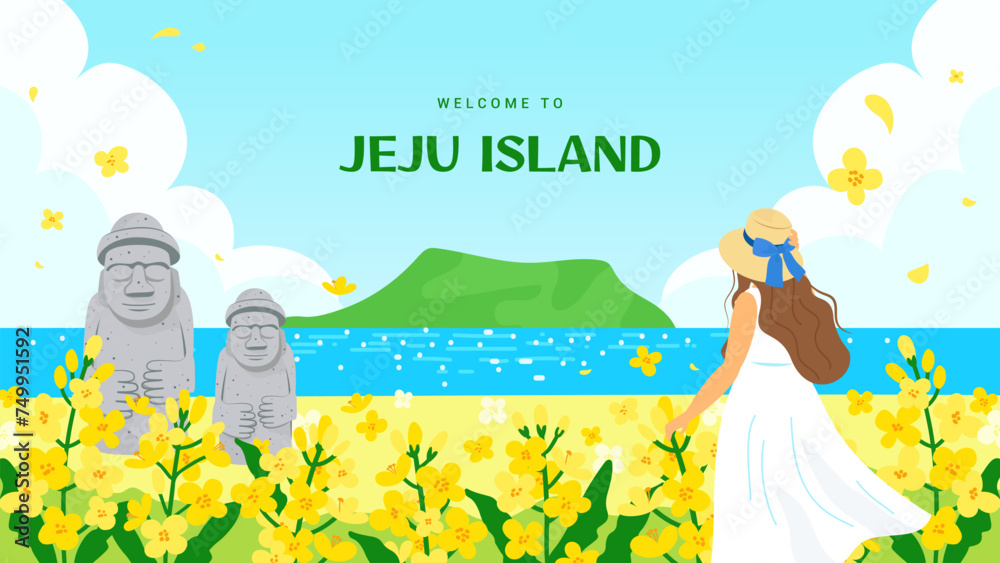 Welcome to Jeju Island poster Vector illustration. Woman watching beautiful Jeju landscape Stock ...