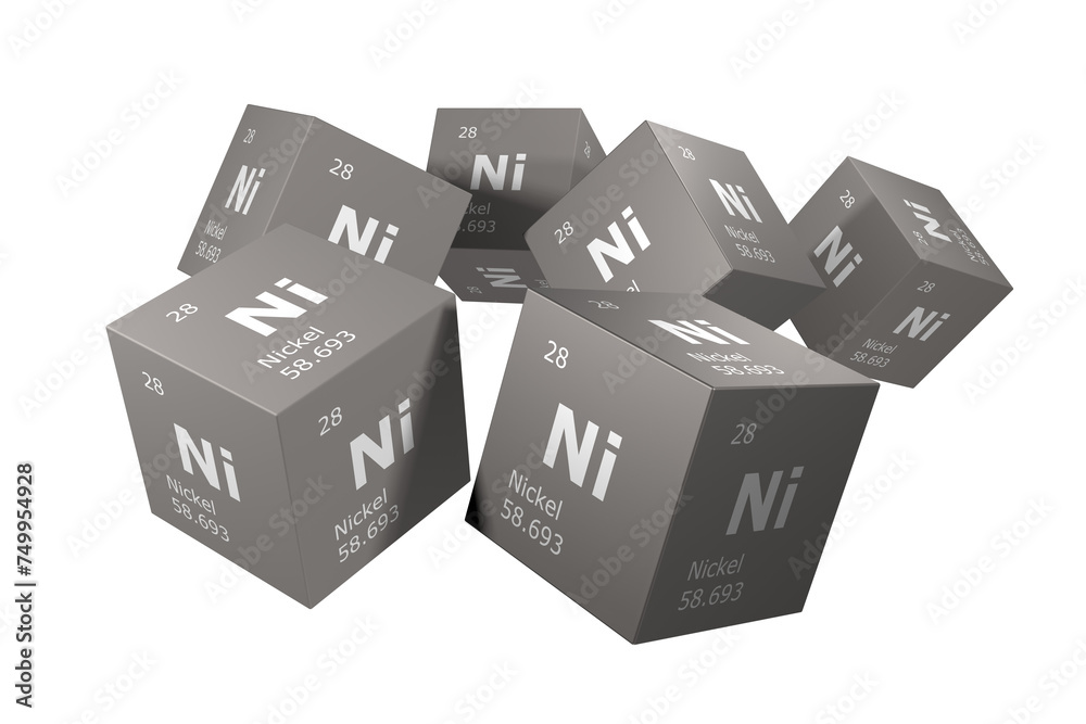 Nickel, 3D rendering of symbols of the elements of the periodic table ...