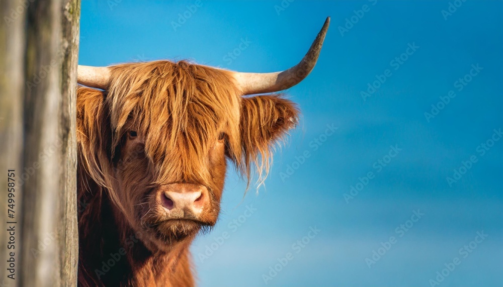 highland cow peeking around a corner blue background place for a text ...