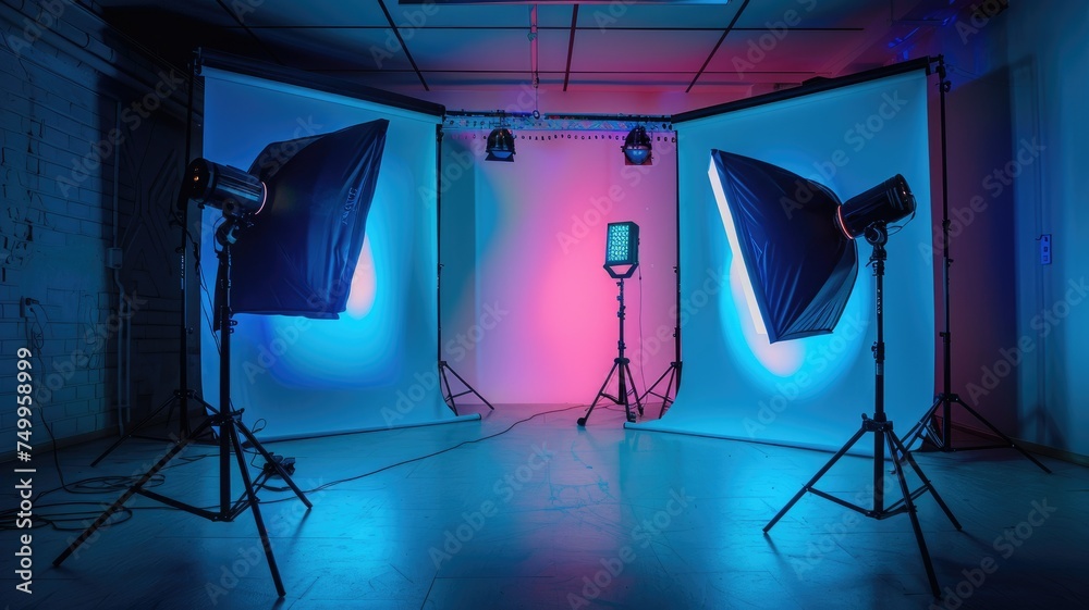 Colorful photo studio setup with lighting equipment - A professional ...