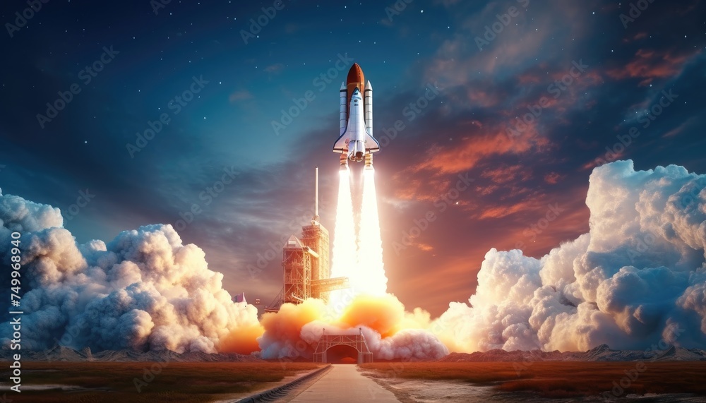 New space rocket lift off. Space shuttle with smoke and blast takes off ...