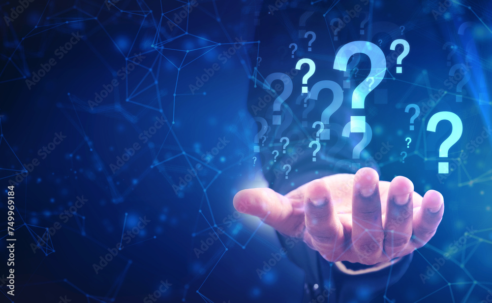 2d illustration question mark background, Businessman holding Several ...