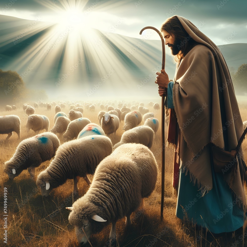 Shepherd Jesus Christ leading the sheep and praying to God and in the ...