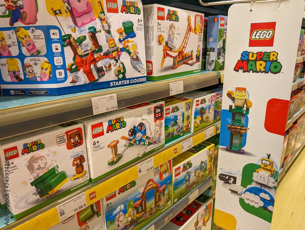 France, March 2 2024: LEGO Super Mario sets on display at a toy store ...