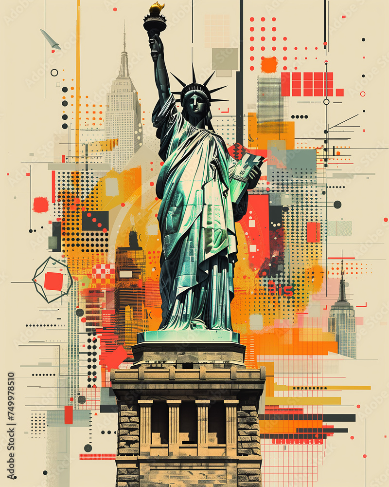 the Statue of Liberty, with abstract graphics, a front view in a ...