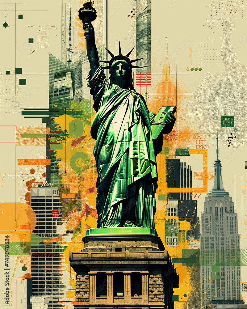 the Statue of Liberty, with abstract graphics, a front view in a ...