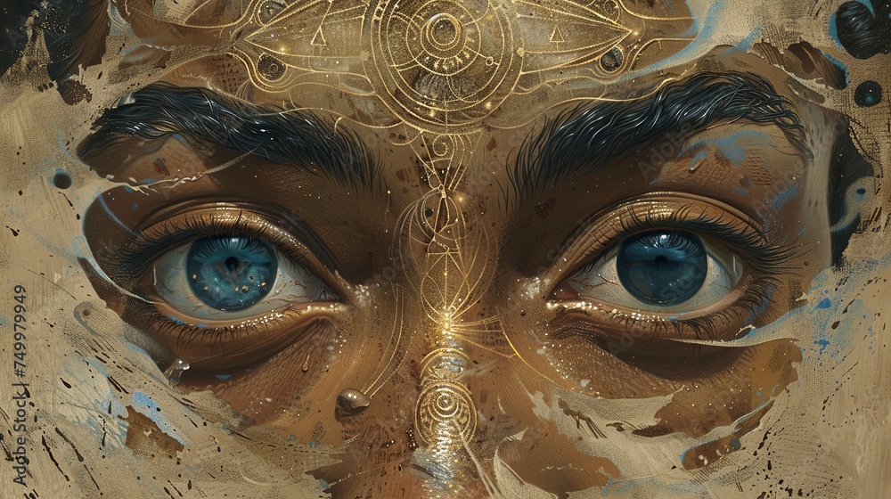An intricate artwork displaying captivating blue eyes enhanced by ...