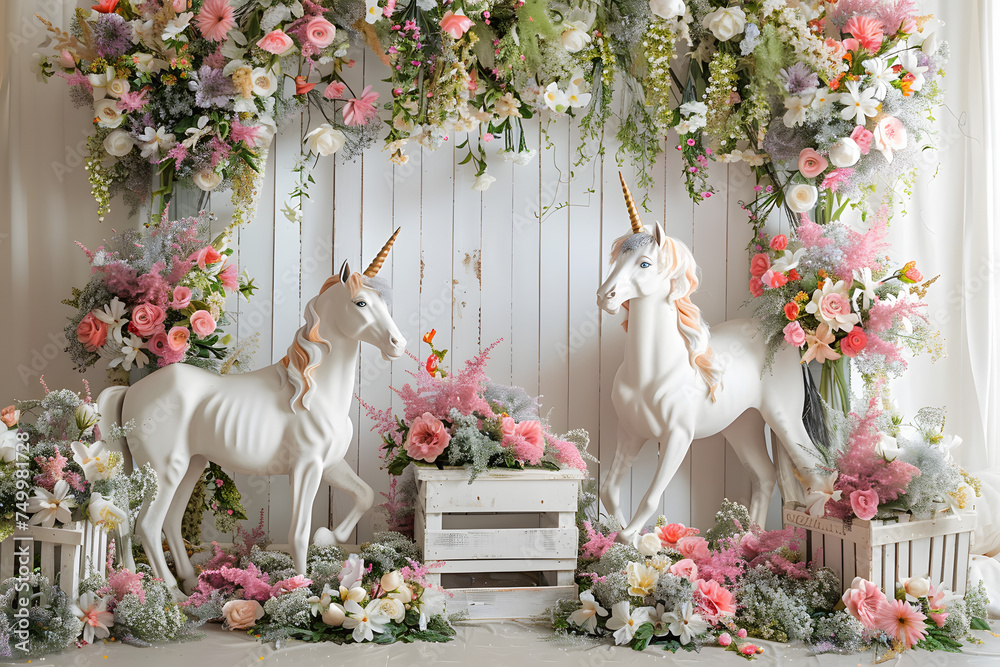 full height spring backdrop with white wood crates, two unicorns on the ...