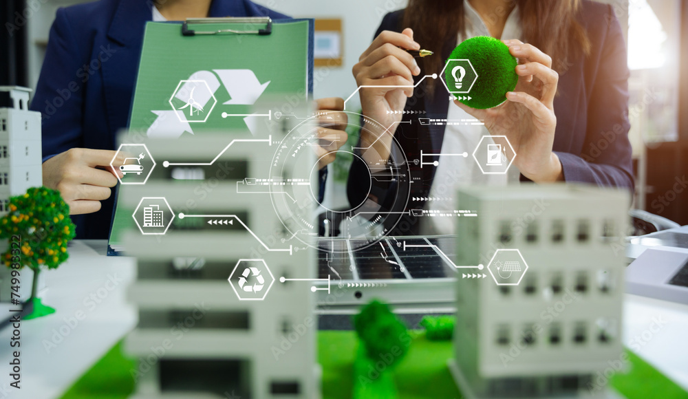 Businessman working virtual modern computer to reduce CO2 emissions ...