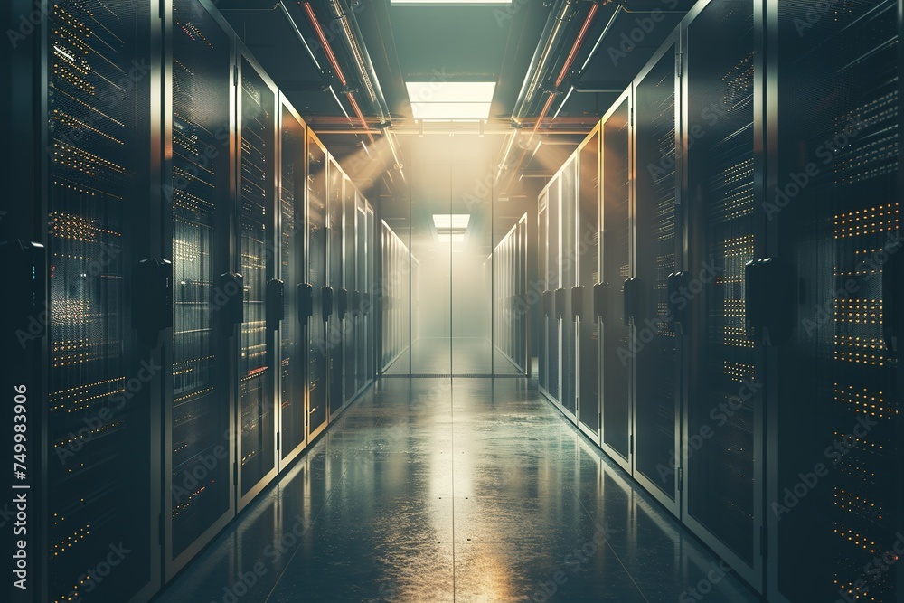 Perspective server room with multiple storage spaces left and right ...