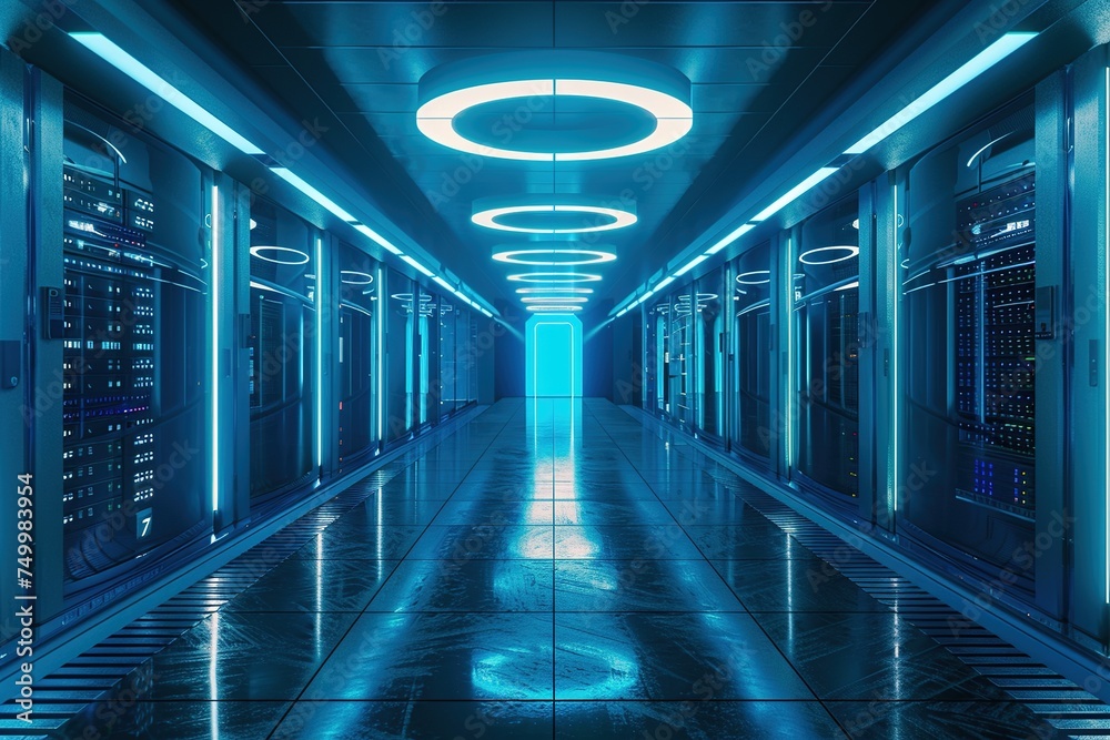 Perspective server room with multiple storage spaces left and right ...