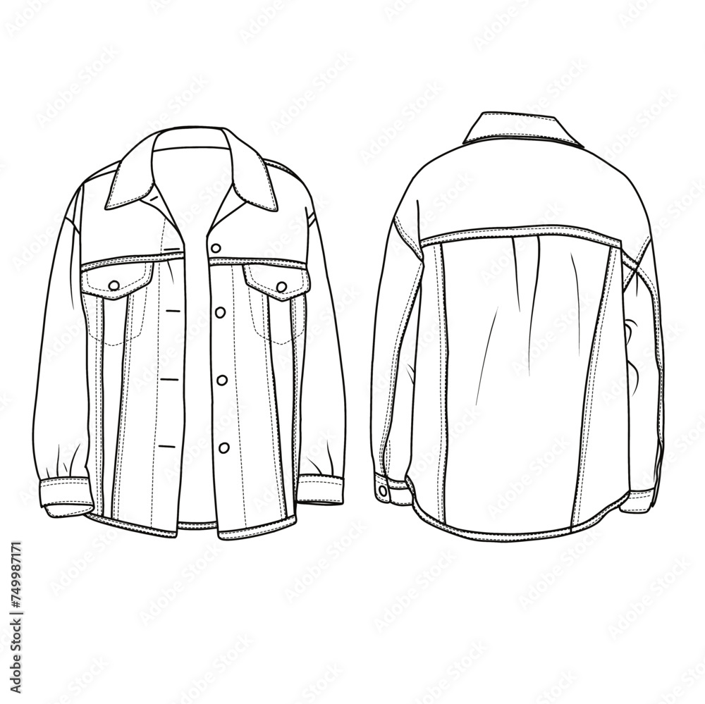 Template vector Hand drawn ink sketch of Women's Shacket Trucker Jacket ...