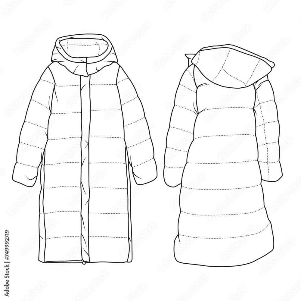 Technical sketch drawing Illustration of Hooded Water Repellent Quilted ...