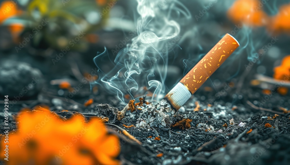 Cigarette in ashtray. Campaign against t-smoking. Cigarette and smoke ...