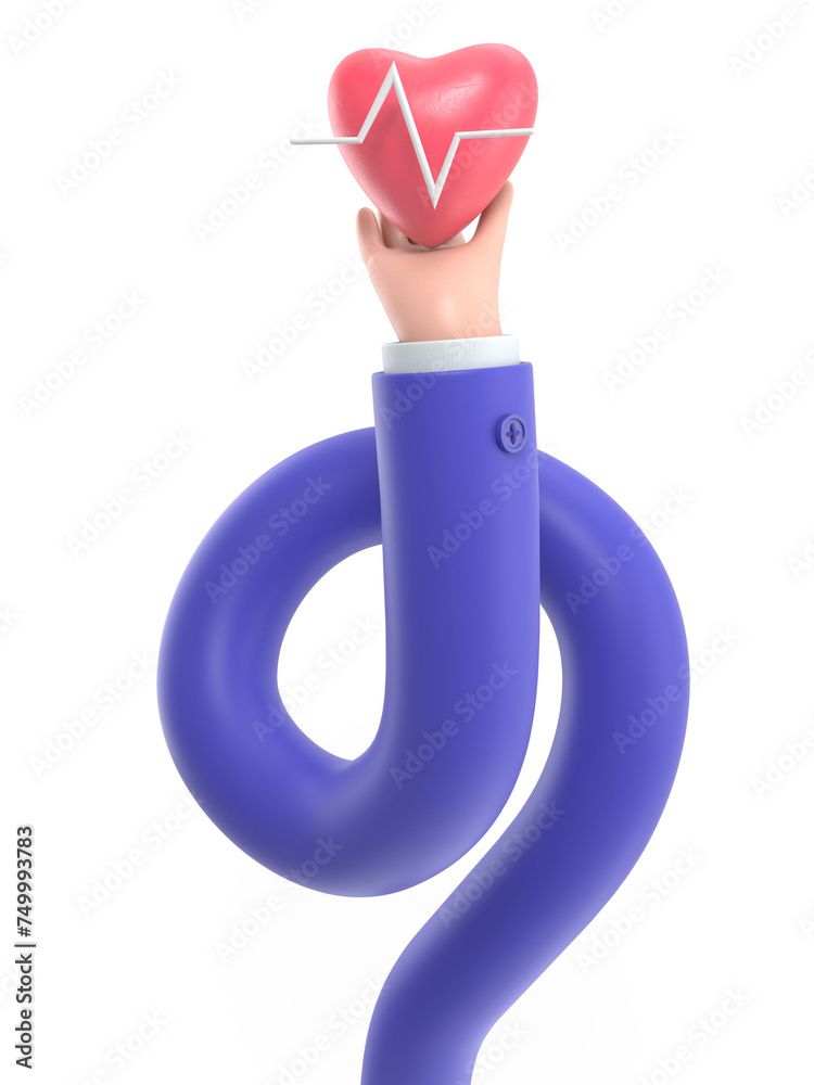 3d render. Medical heart rate icon. Doctor or cardiologist cartoon hand ...