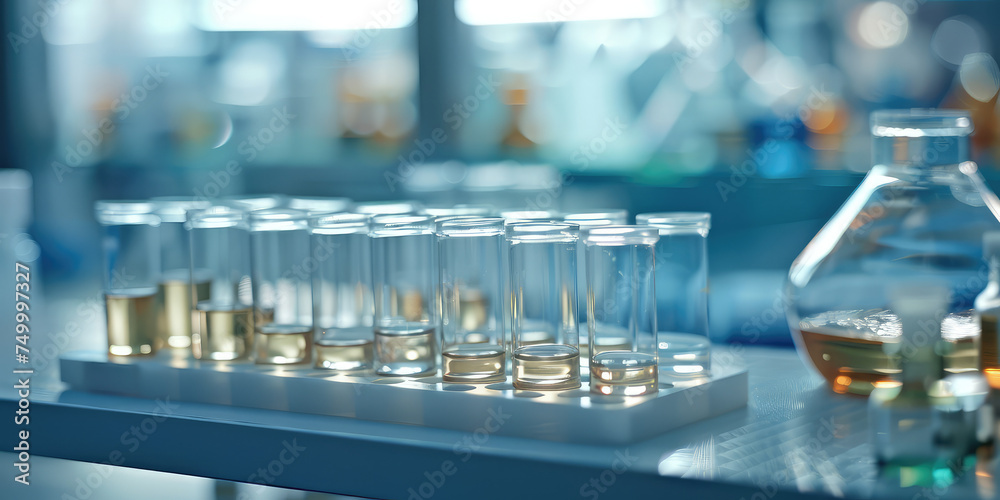 Laboratory Glassware close-up. Neatly organized array of test tubes and ...