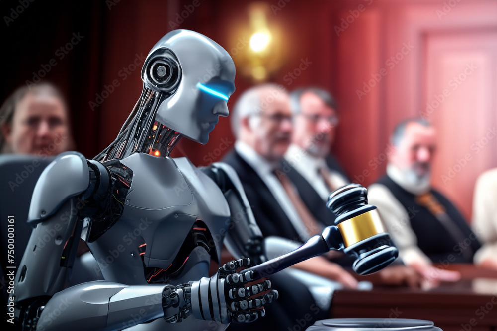 AI Lawyer chatbot. Robot lawyer in court. Robot generate content for advocate in court. Robot ...