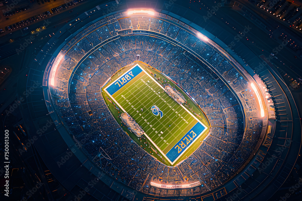 An aerial view of a generic football stadium packed with fans during a ...