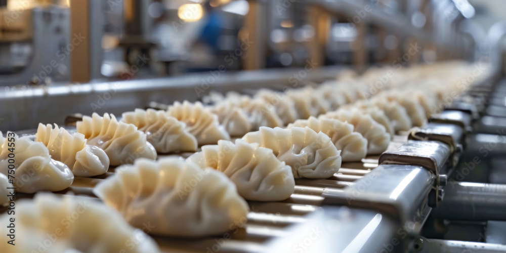 Fresh dumplings on an industrial conveyor belt, food manufacturing ...