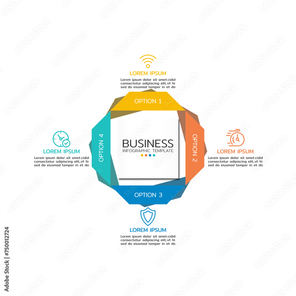 Circular diagram with 4 option placed around center. Concept of four ...