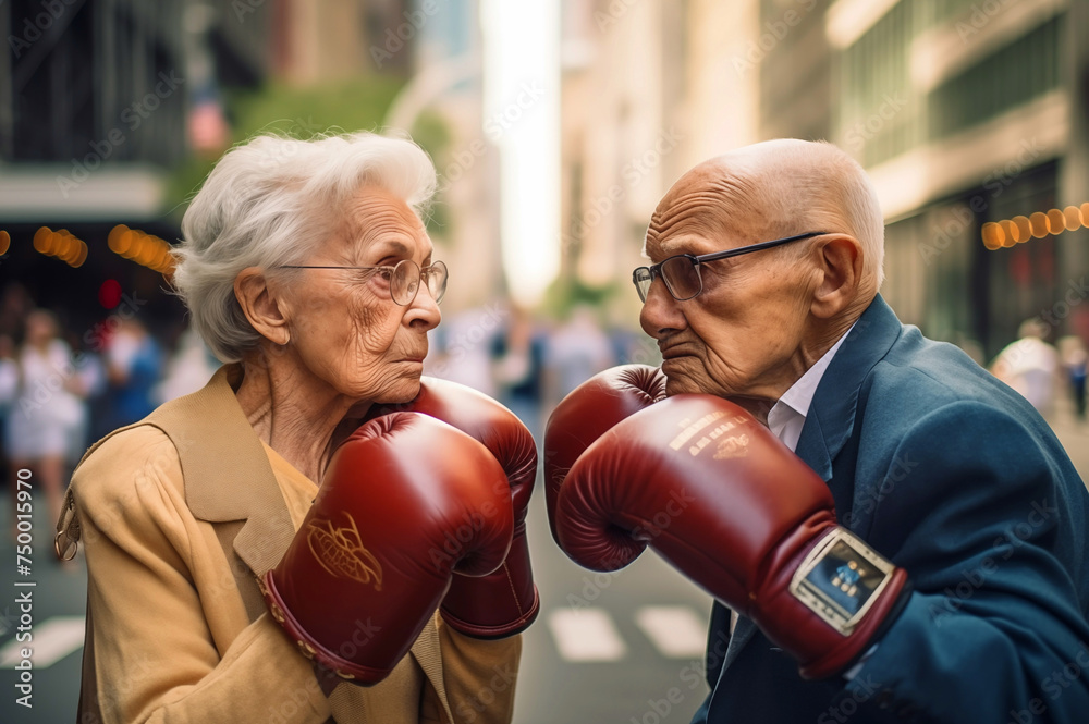 Pensioners boxing on street in USA. Grandmother boxing with grandfather ...