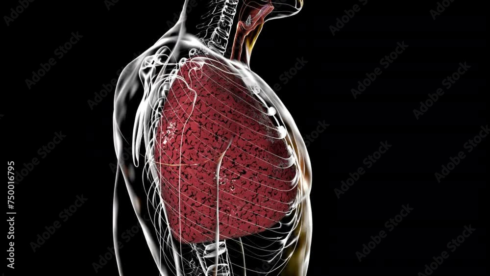 A human body revealing smoker's lungs, 3D animation. Smokers' lungs ...