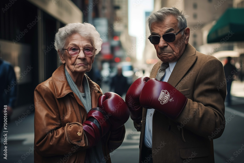 Pensioners boxing on street in USA. Grandmother boxing with grandfather ...