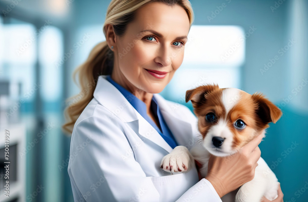 Veterinarian's Day. woman 40-50 years old holds a small dog in her arms ...