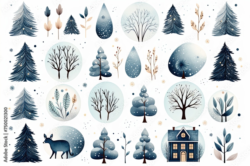 Printable winter elements of cozy house and tree sticker clipart ...