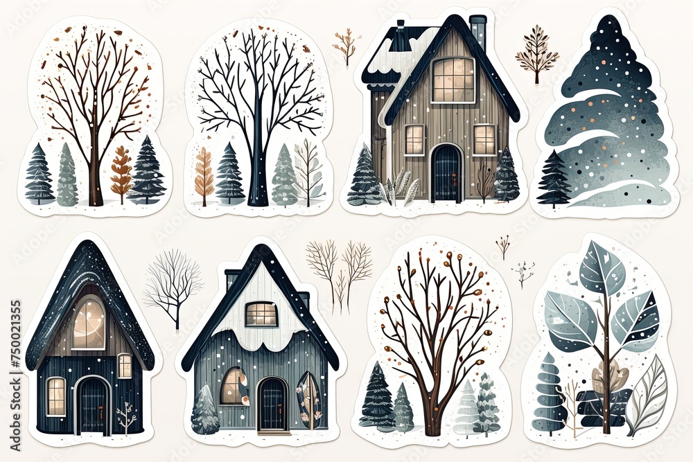 Printable winter elements of cozy house and tree sticker clipart ...