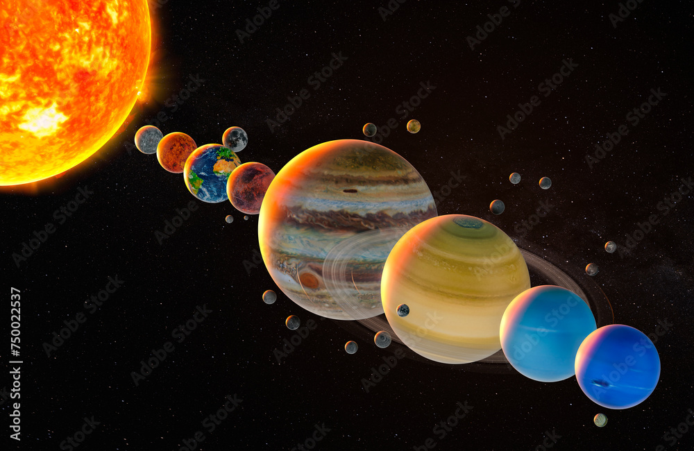 Planets of the solar system, view in space. 3D rendering Stock ...