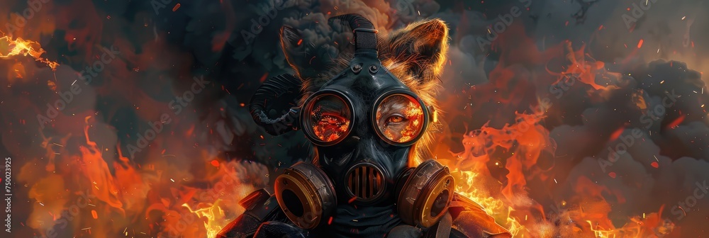Post-apocalyptic fire background with animal in gas mask - A fierce ...