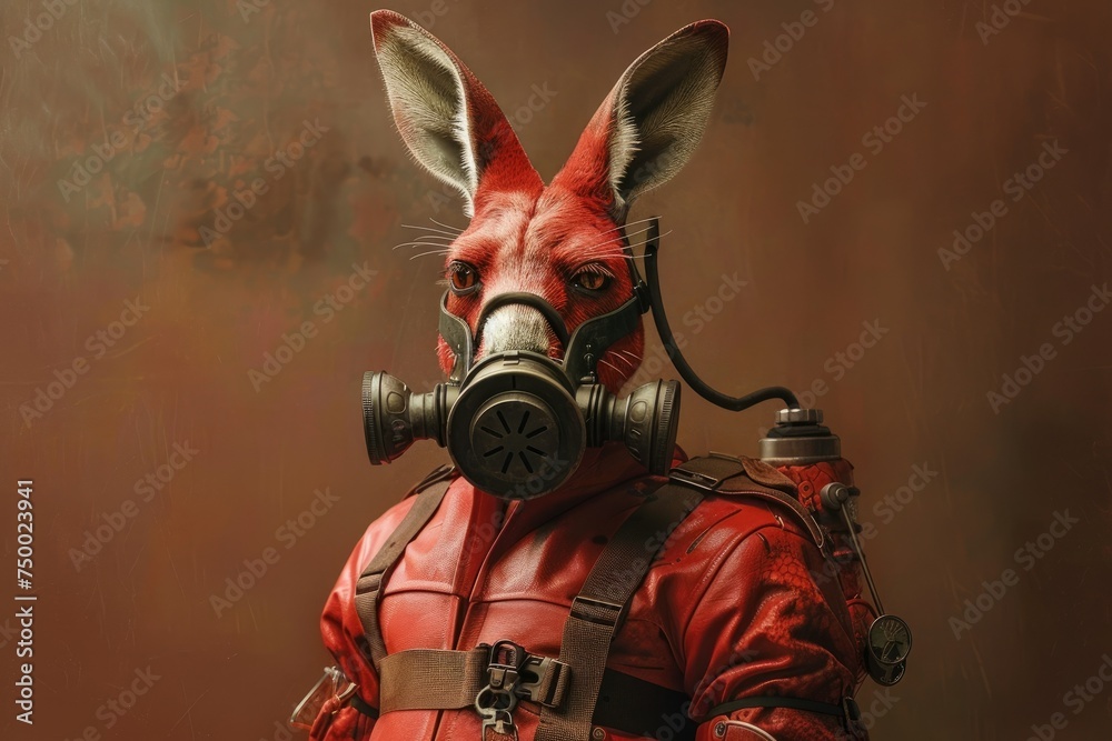 Red kangaroo in a gas mask against dark backdrop - Surreal image ...