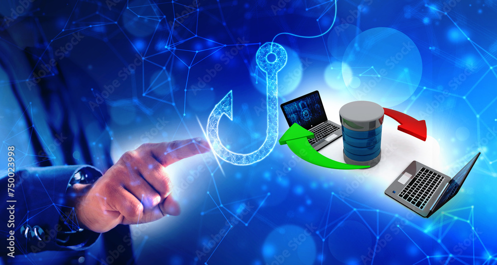 Man using the Phishing Hook while data transfer, Phishing concept ...