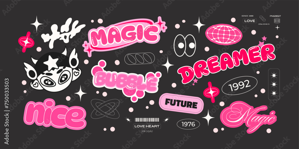 Retro futuristic stickers for design. Collection of abstract graphic ...