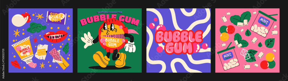 Vetor de Cartoon posters bubble gum chewing candies. Mint pads, balls ...