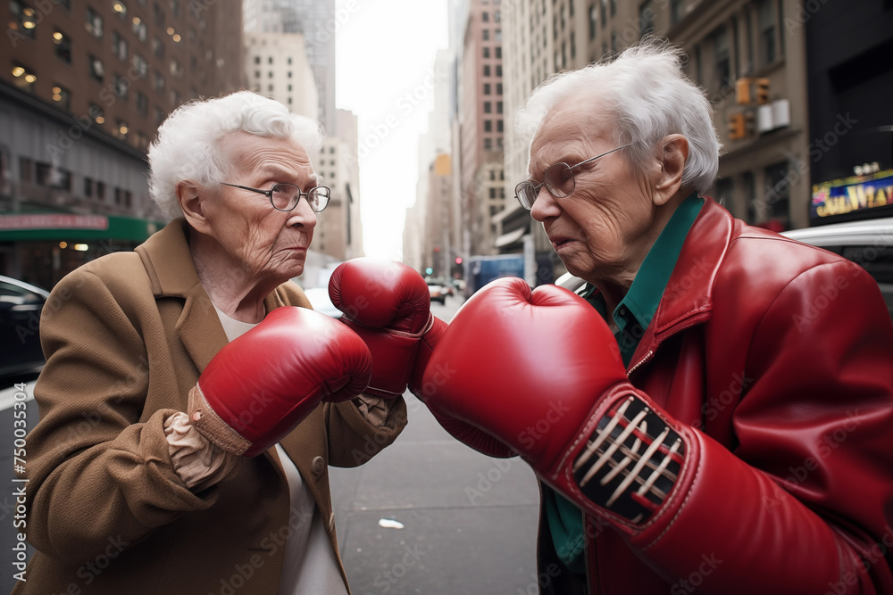 Pensioners boxing on street in USA. Grandmother boxing with grandfather ...