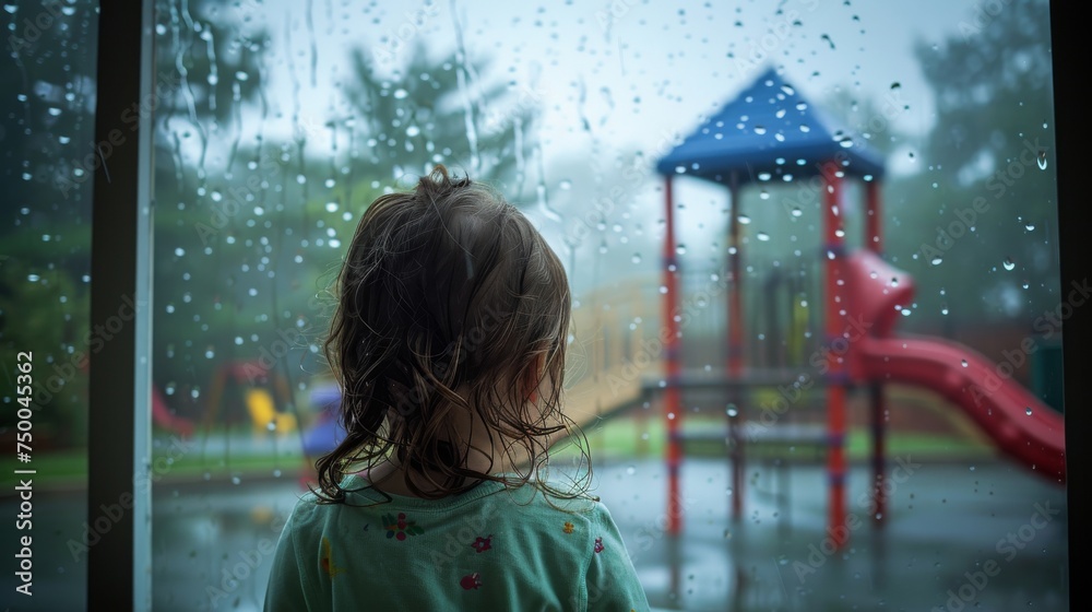 Child looking out on rainy day at playground equipment. Wistful child ...