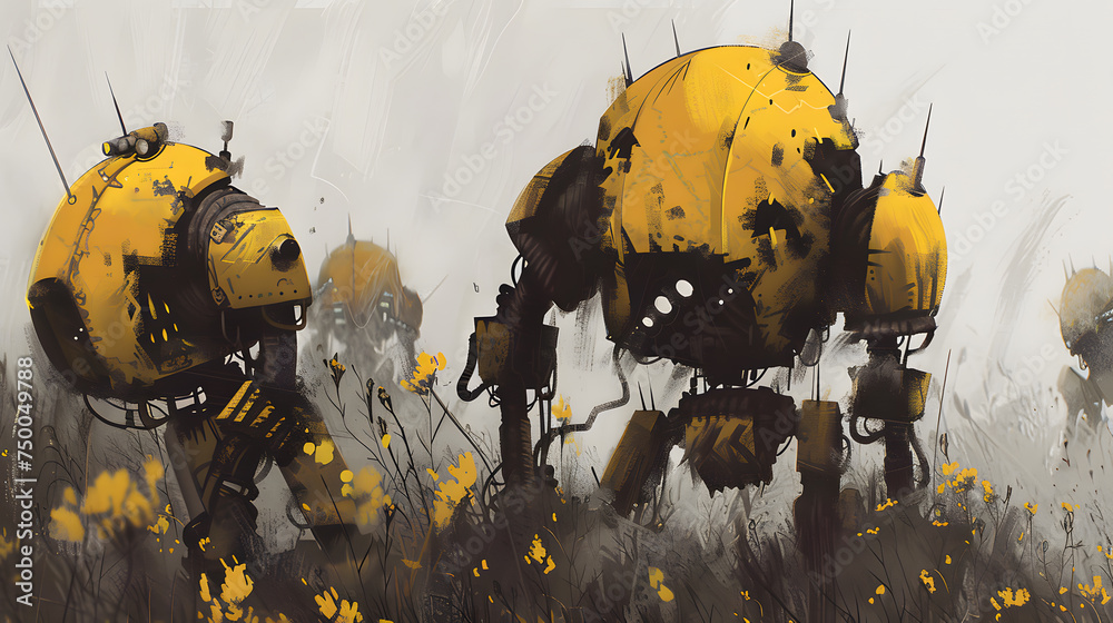 Yellow, spherical mechs traverse a desolate, dystopian landscape ...