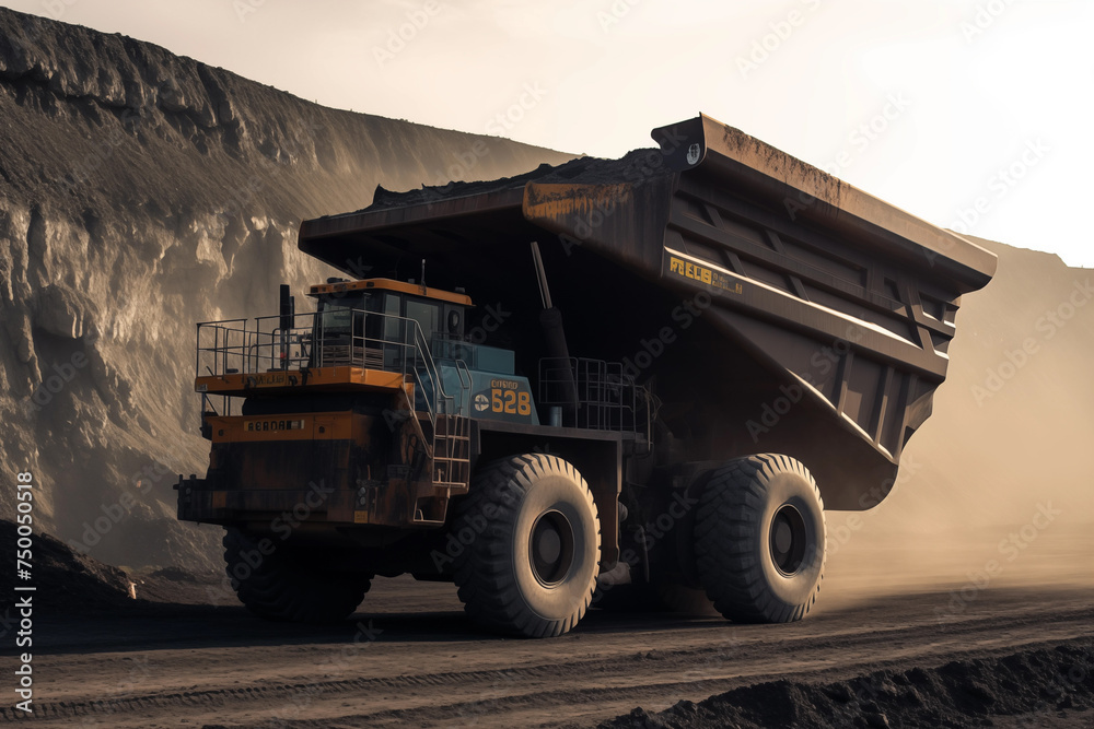 Mining truck in opencast on sunset. Electric EV futuristic mining truck ...