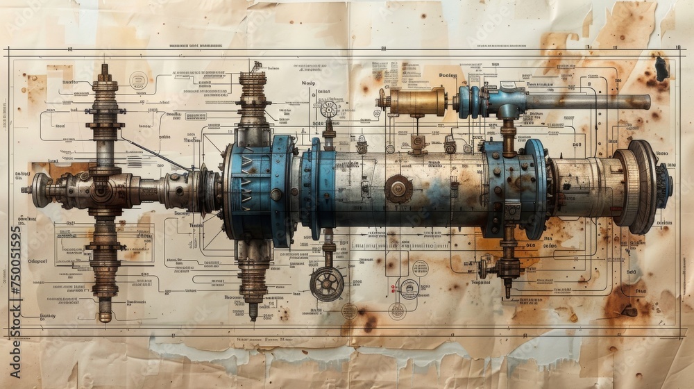 Schematic diagrams of intricate machines, revealing the inner workings ...